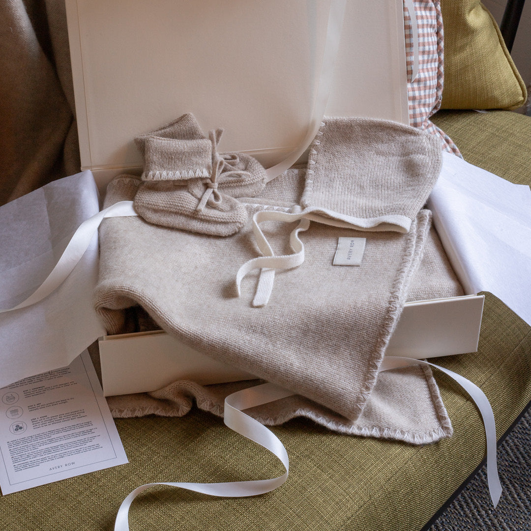 Cashmere Blanket, Bonnet & Booties New Baby Gift Set - Oatmeal & Avery ...